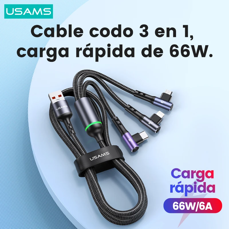 USAMS Cable de Juego 3 en 1 de ángulo recto Tipo C Lightning, Cable rápido Micro USB para iPhone ...