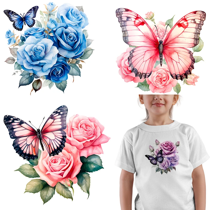 Watercolor-Butterfly-Rose-Iron-on-transfer-for-Children-clothing-dtf-transfers-ready-to-press ...