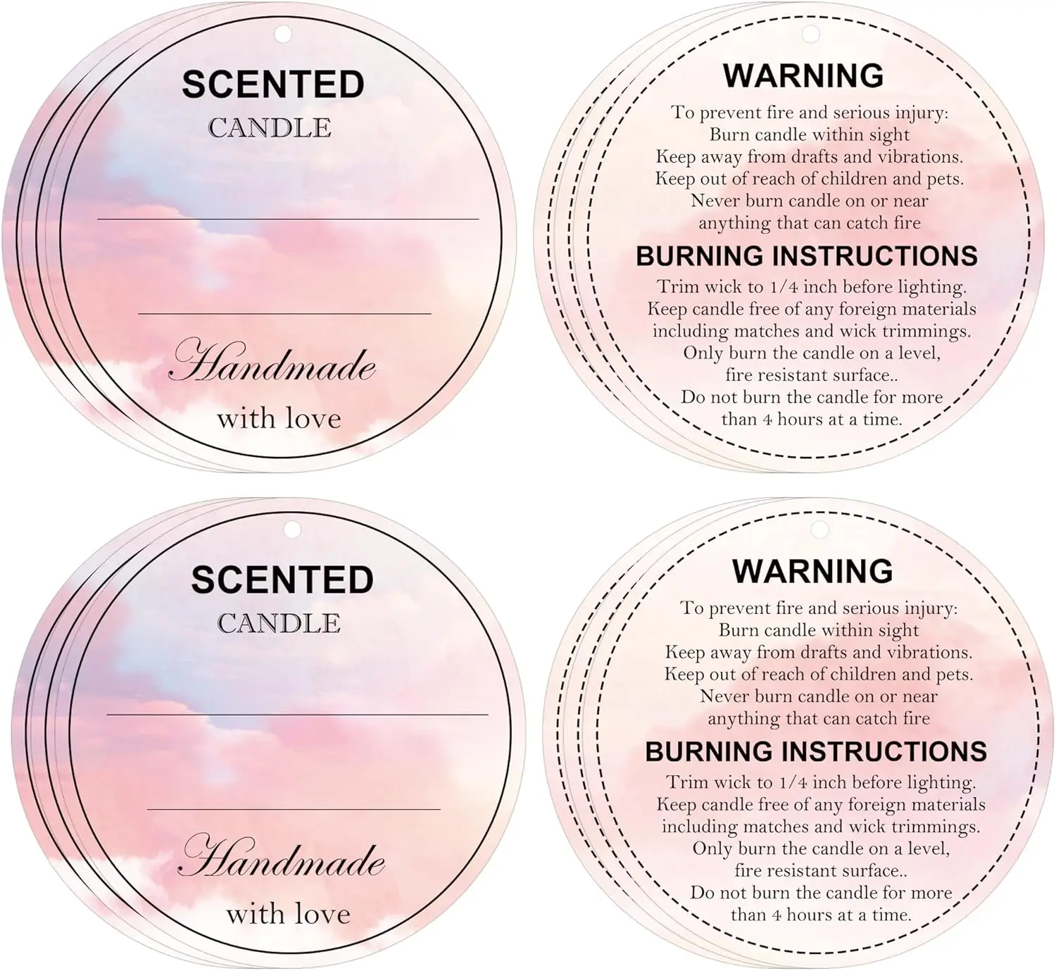 Candle Warning Hang Tags 2 inch Handmade with Love Scented Candle Cards ...
