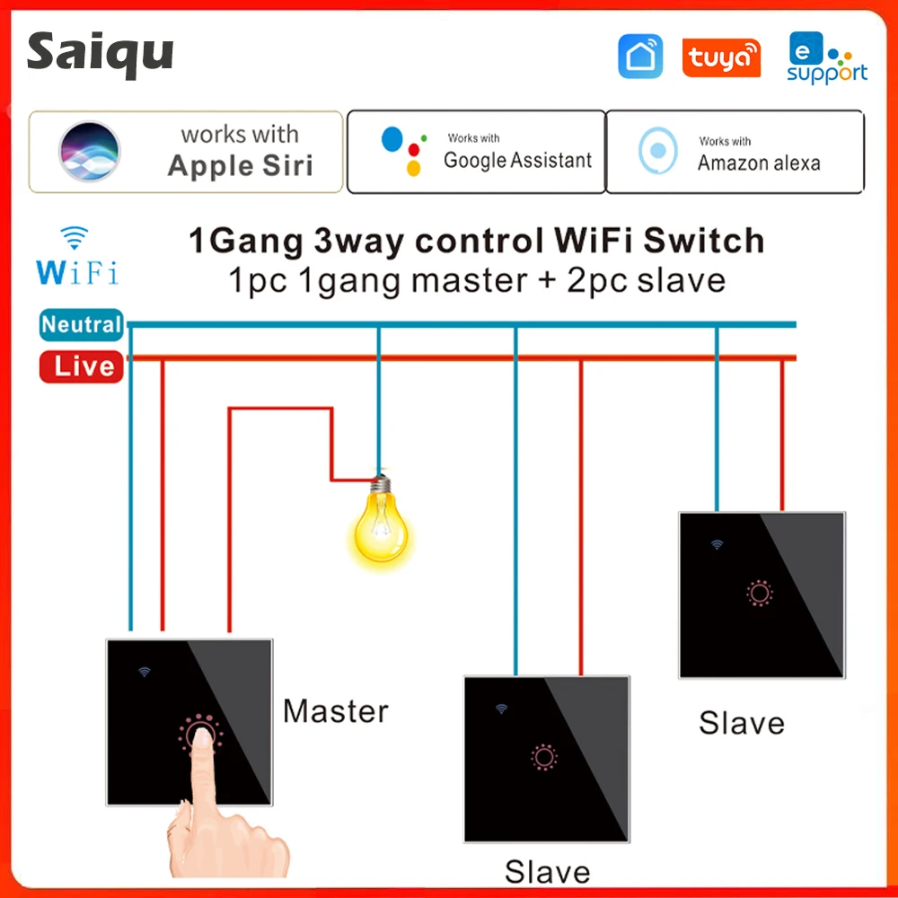 3PCS Tuya eWeLink APP EU WiFi Smart 3 Way Switch 1 2 3 Gang Glass Wall ...