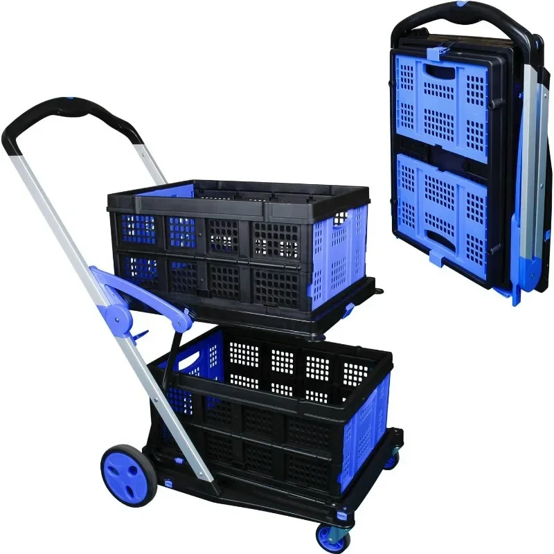 Folding-Cart-Two-Tier-Collapsible-Cart-with-One-Crate-Heavy-Duty ...