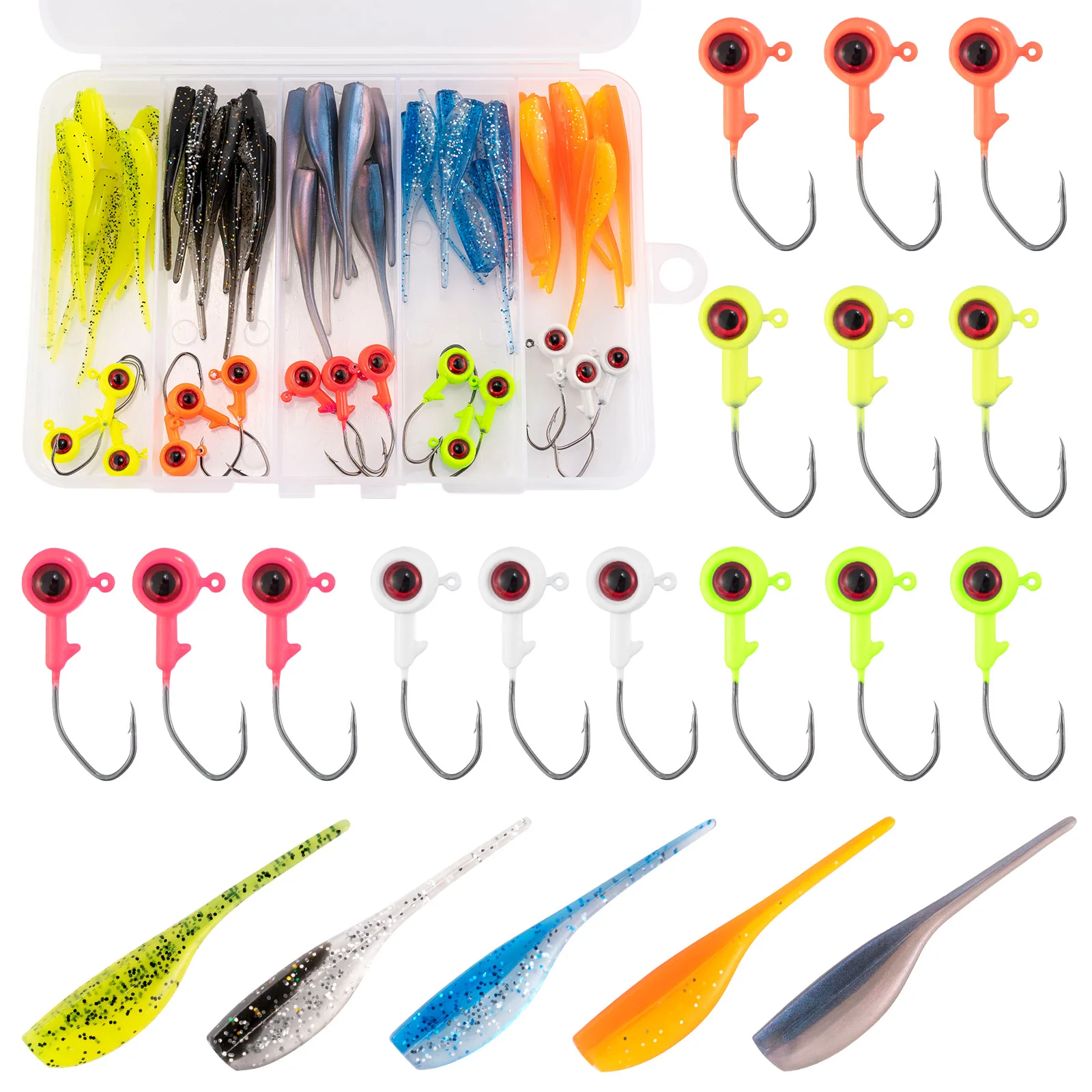 55pcs-Crappie-Lures-Kit-Jig-Head-Hook-Soft-Plastic-Lure-Bait-Grub-Worm ...