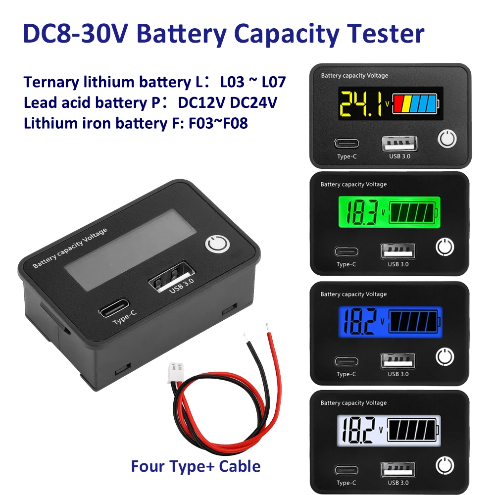 DC8-30V Digital Battery Capacity Tester Voltage Temp Meter Voltmeter ...
