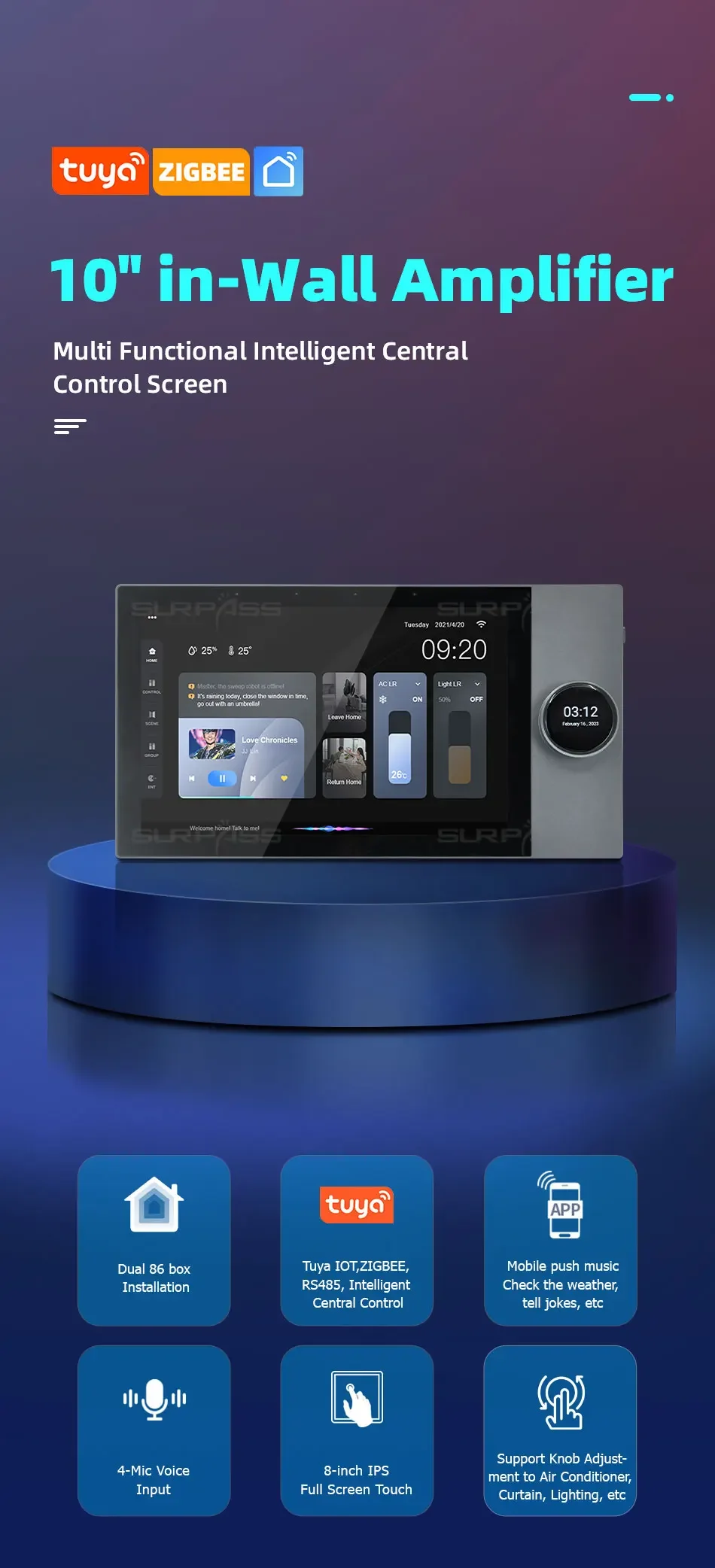 Smart Home Theater Amplifier 10'' Tuya WiFi Wall Amplifier Android 8.1 ...