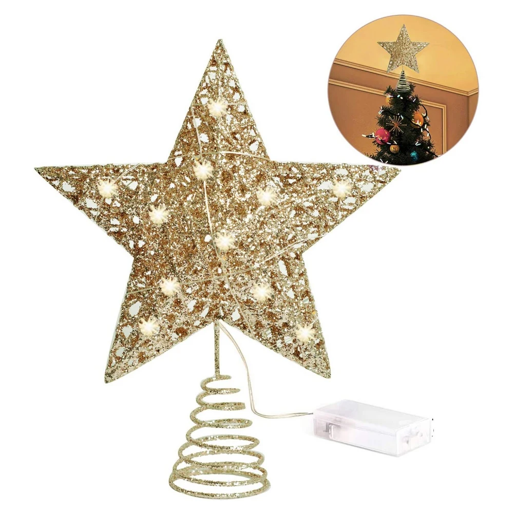 25-15CM-LED-Gold-Star-Christmas-Tree-Toppers-3M-30PCS-LED-String-Lights ...