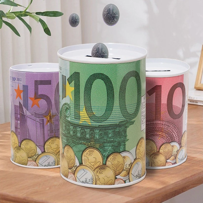 Euro Dollar Round Piggy Bank Metal Cylinder Money Box Children Craft ...