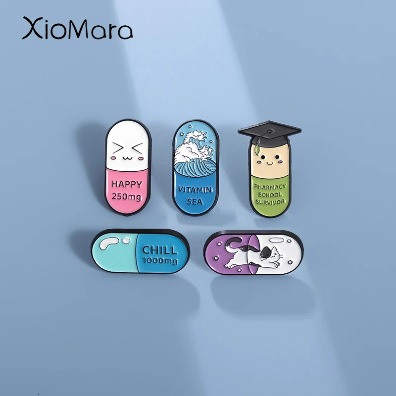 Cat Happy Chill Pill Enamel Pins Custom Pharmacy School Survivor Brooch ...