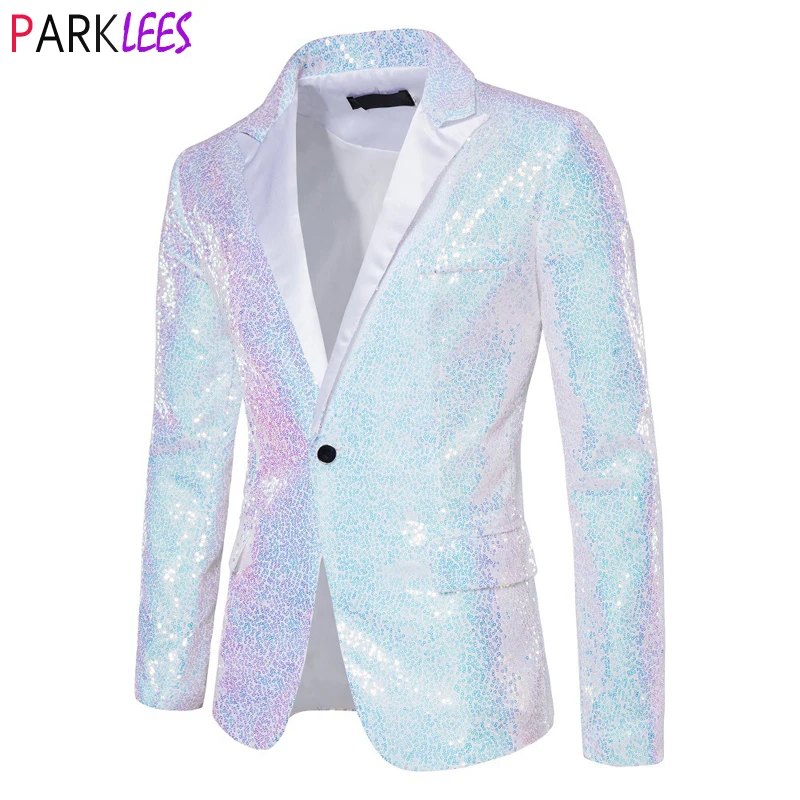 Shiny White Sequin Glitter Blazer for Men One Button Peak Collar Tuxedo ...