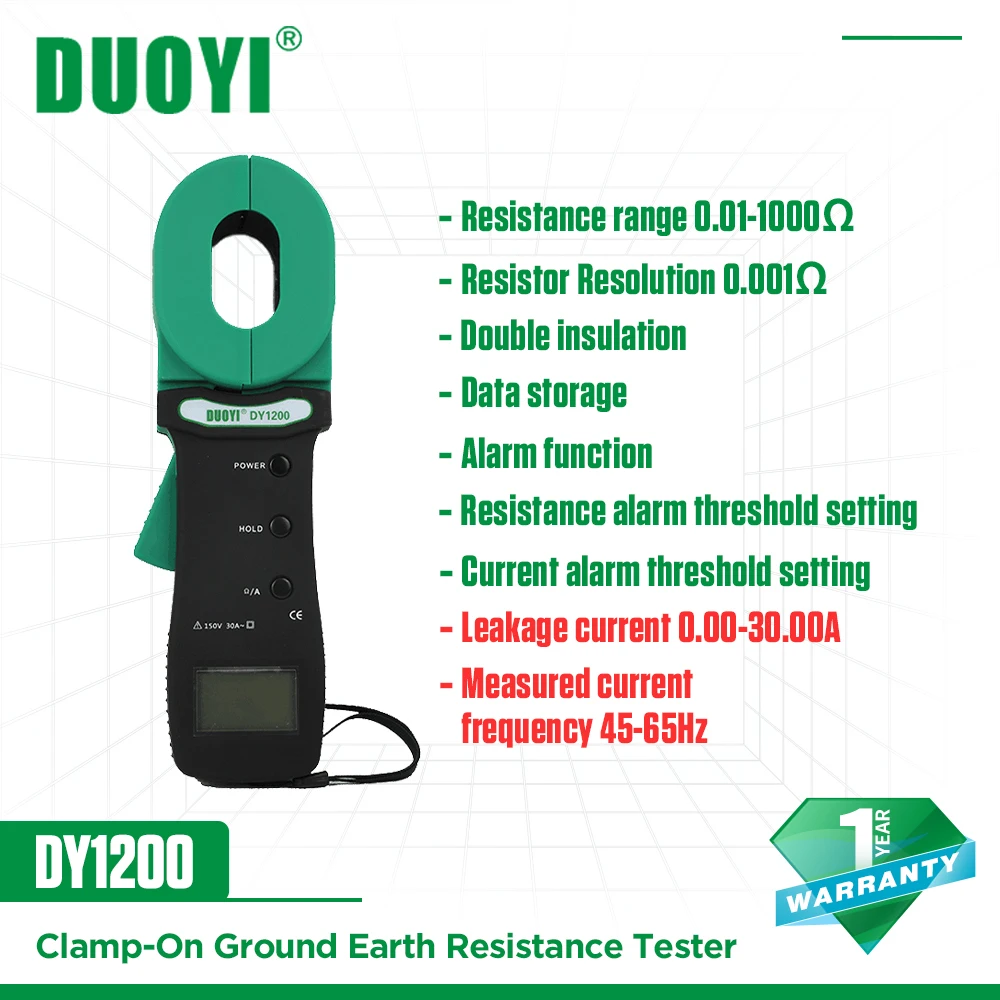 DUOYI 디지털 접지 클램프 접지 저항 테스터 미터 DUOYI DY1200, 32mm 0.01 ~ 1000 옴, 누설 전류 ...