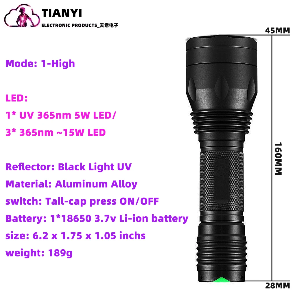 15W 365nm UV Flashlight with 3 LEDs, Rechargeable Black Light Torch for Resin Curing, Rocks ...