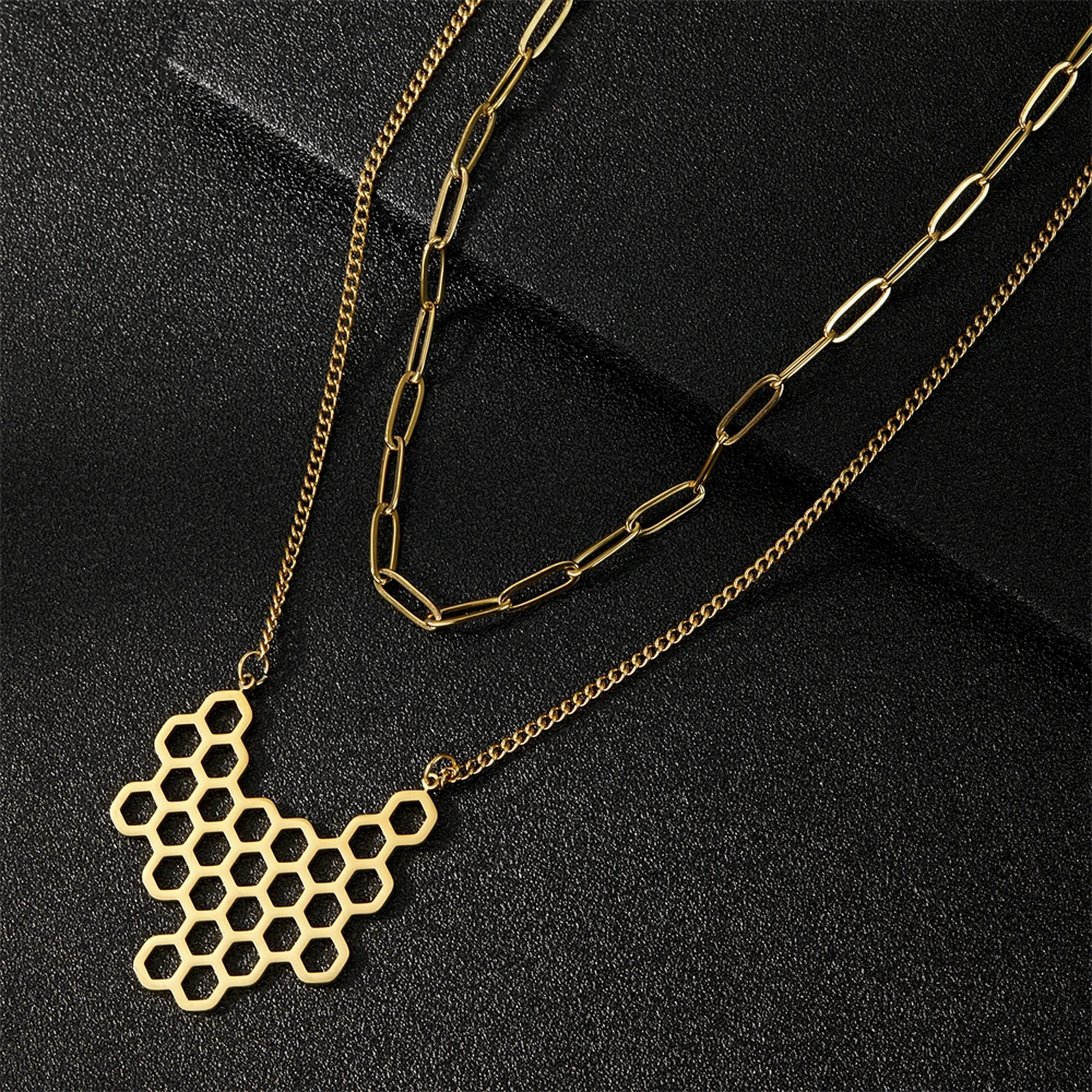 Cazador-Stainless-Steel-Geometric-Honeycomb-Pendant-Necklaces-for-Women-Double-Chains-Necklaces ...