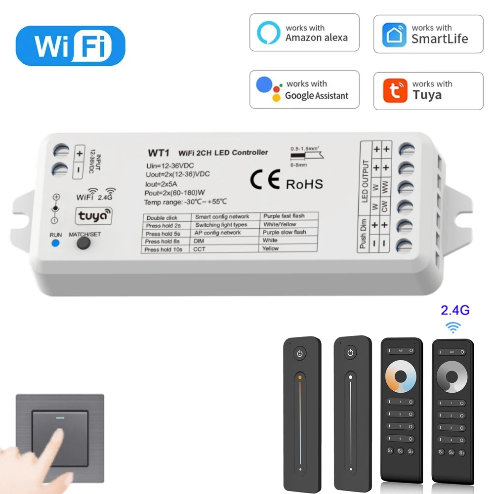 TUYA WiFi RF 2CH LED Controller DC 12V 24V Smart Dimmer With Push ...