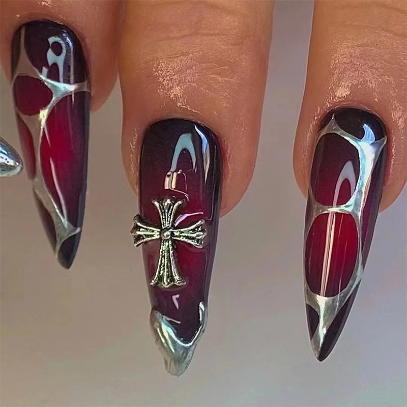 super-cool-fake-nail-silver-false-nail-sharp-press-on-nail-red-black ...