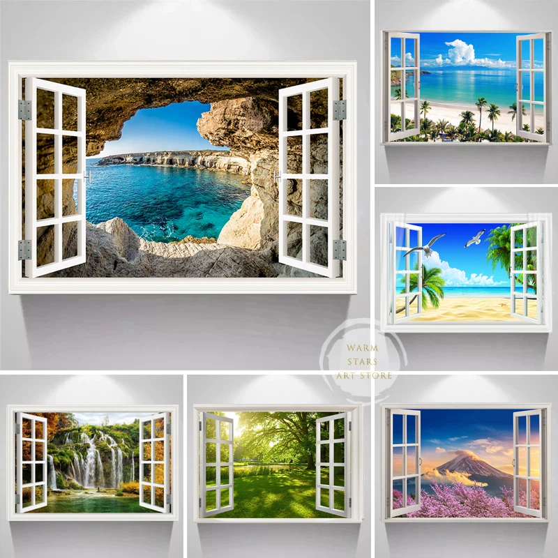 3D-Window-Landscape-Poster-Picture-Beach-Waterfall-Canvas-Print-Cave ...