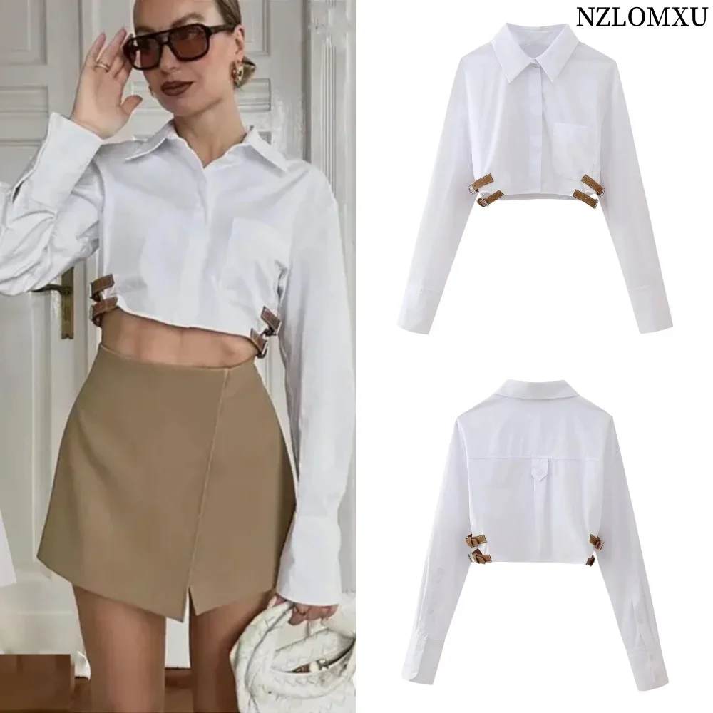 Belt-Crop-Shirt-Women-Button-Up-White-Shirt-Woman-Fashion-Collared ...