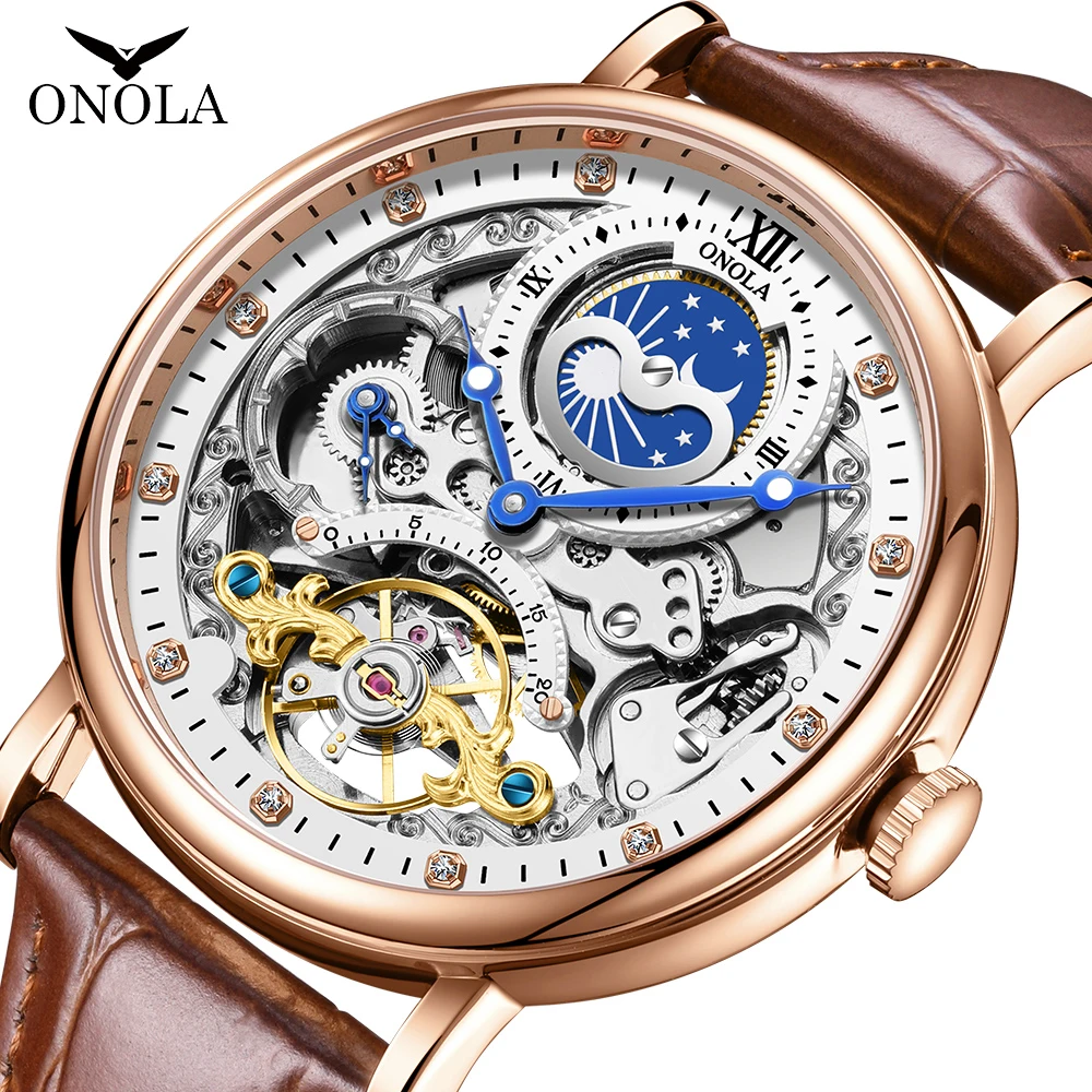 ONOLA Unique Dual Time Zone Hollow Automatic Mechanical Business Watch ...