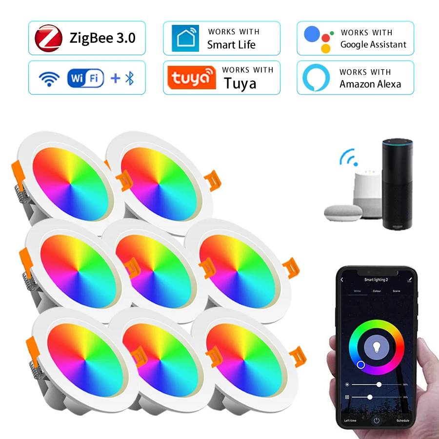 8pcs ZigBee Smart Ceiling Lights RGB Tuya WiFi Bluetooth LED Downlights Recessed Spotlight Alexa ...