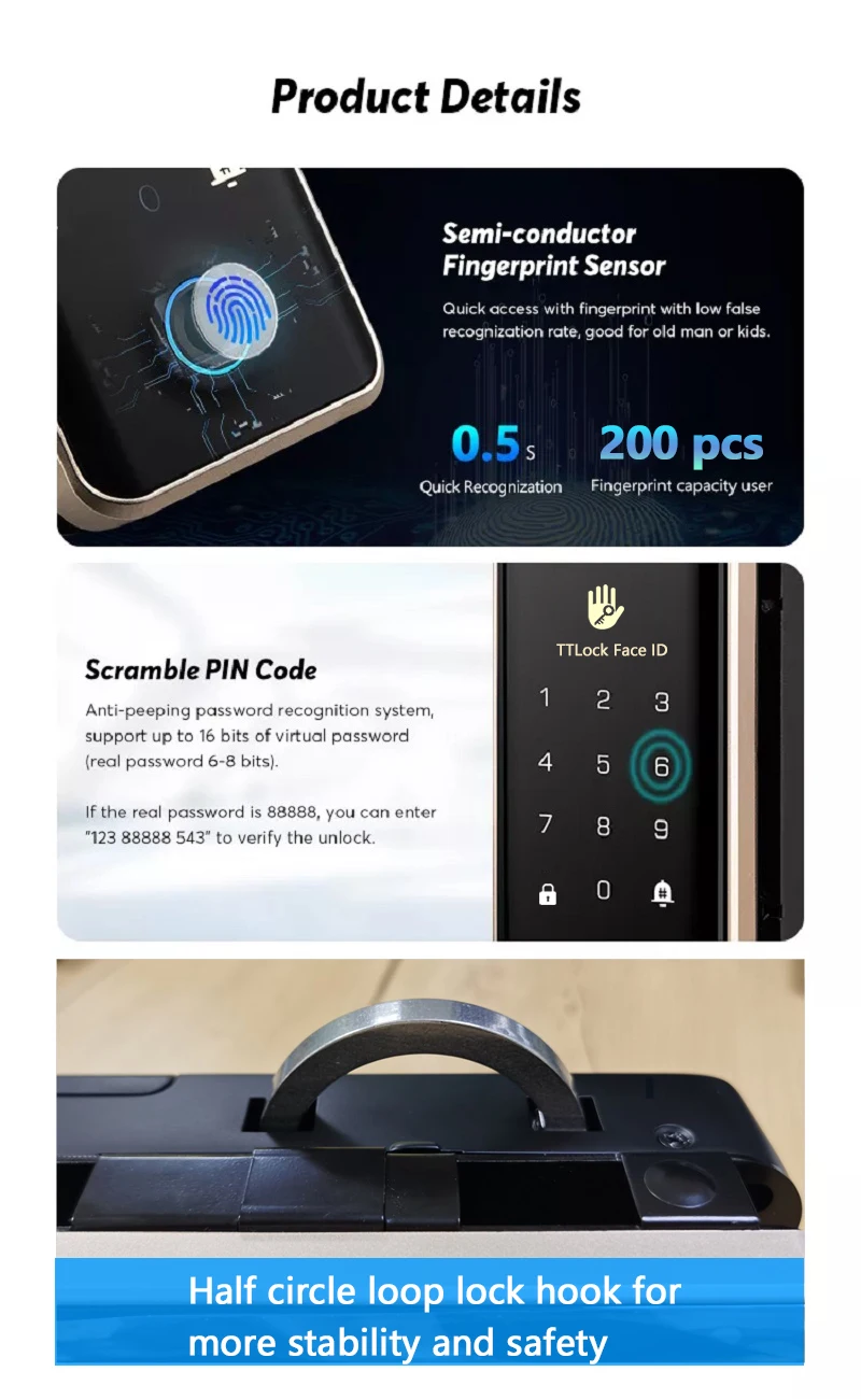 Glass Door Lock FS1 TT Lock 3D Face Recognition Smart Lock With Half-circle Hook Biometric ...
