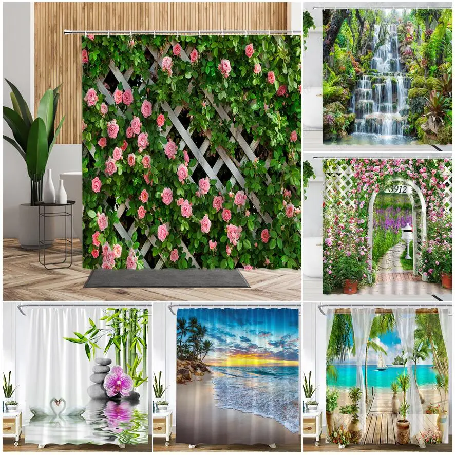 Spring Garden Shower Curtains Pink Rose Wooden Fence Flower Beach Zen ...