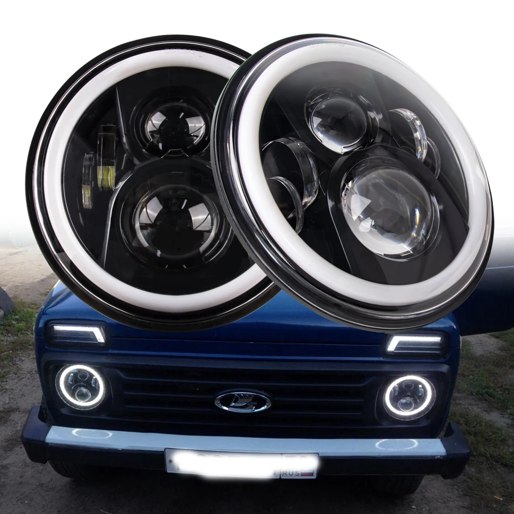 For-lada-niva-urban-4x4-Led-Headlight-7Inch-LED-H4-Headlights-Angel-Eye ...