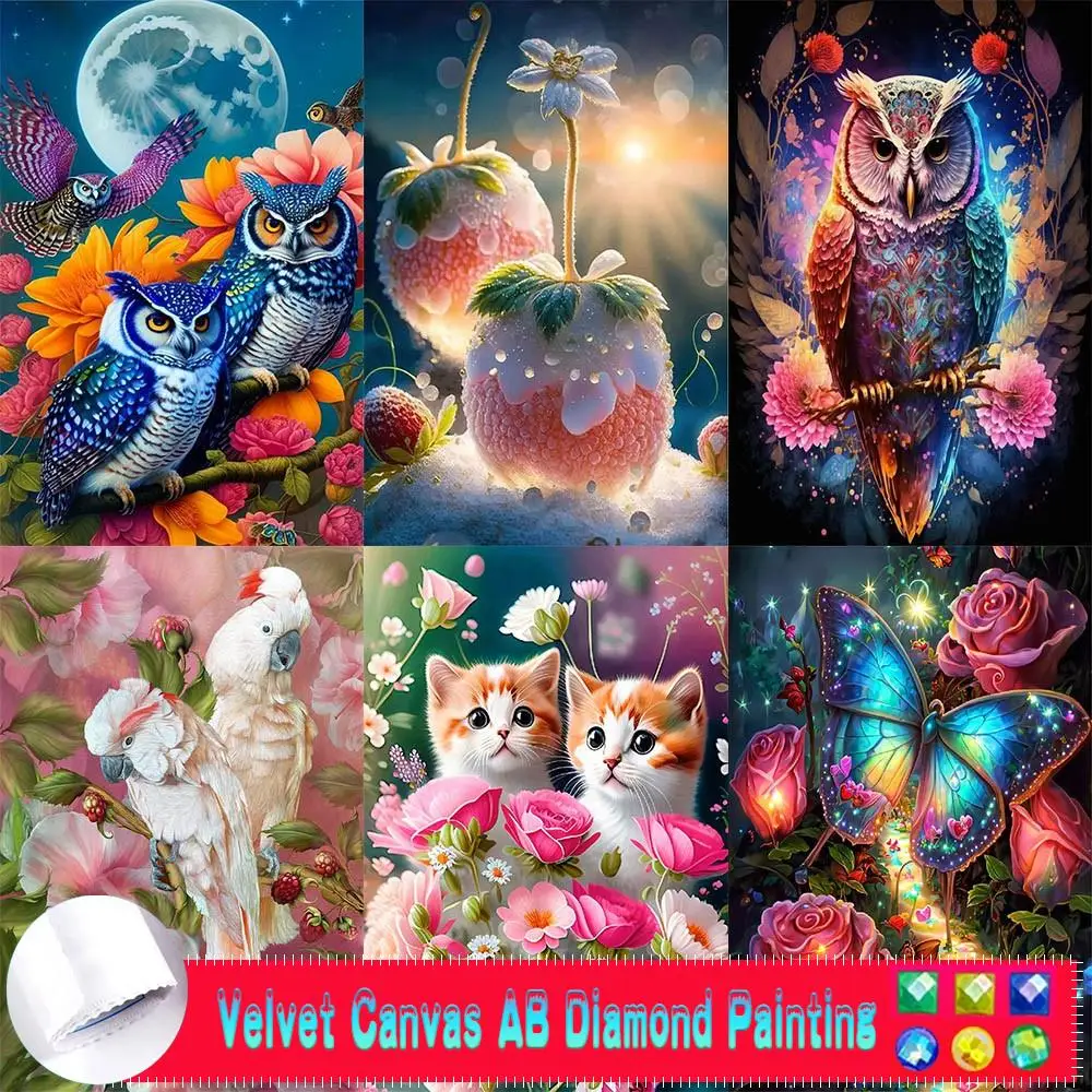 Animals-DIY-5D-AB-Velvet-Canvas-Diamond-Painting-Kits-Cat-Owl-Birds-And ...