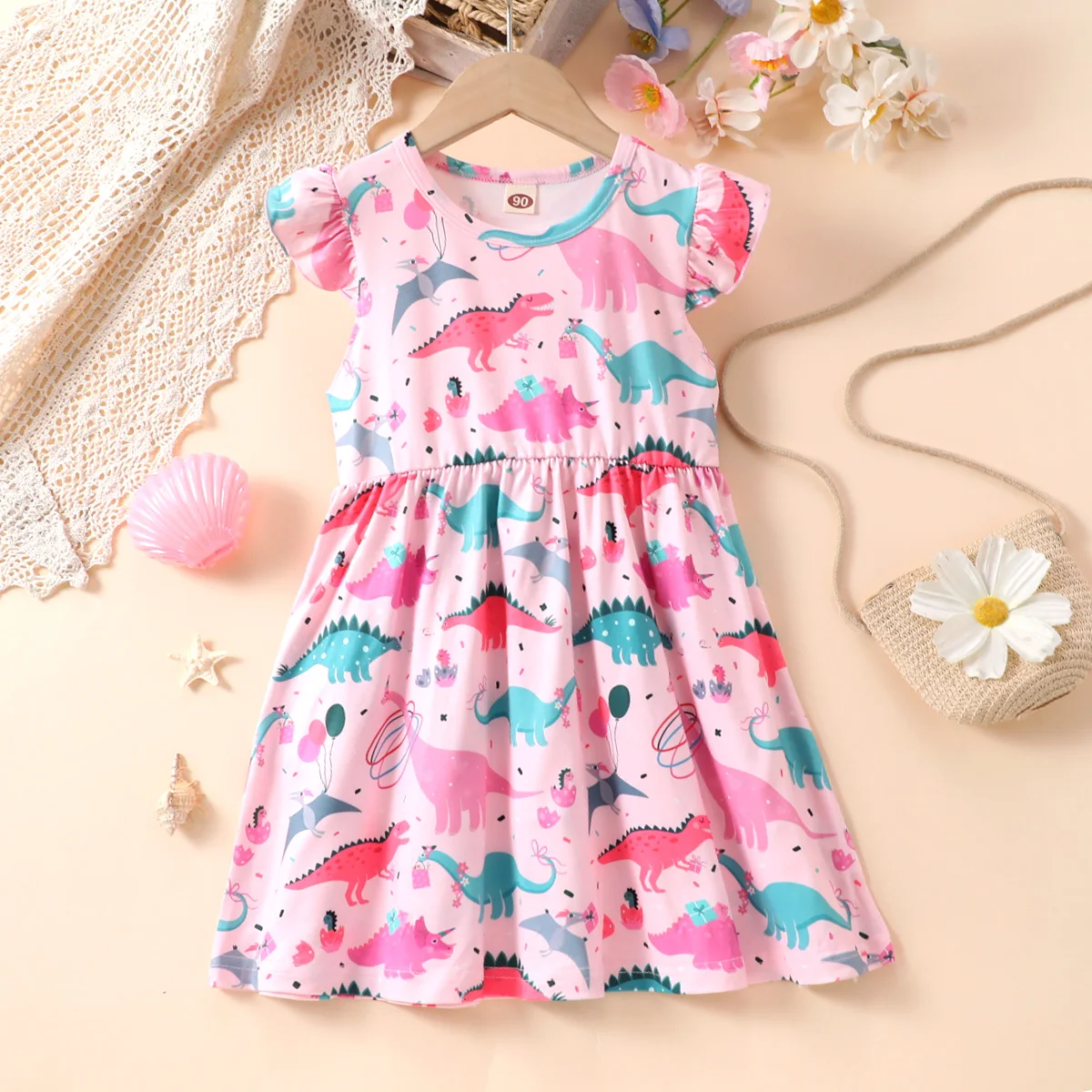 2024 NEW Girl Dresses Cartoon Dinosaur Pattern Flying Sleeve Summer ...
