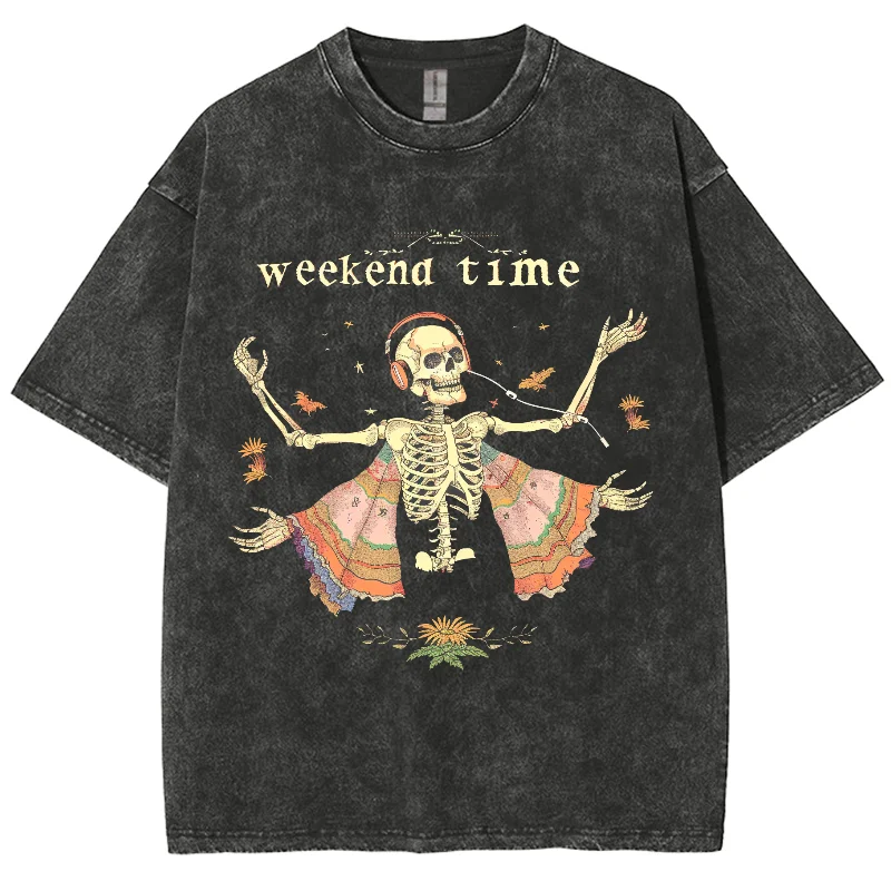 Y2K-Washed-Tshirt-Cartoon-Skeleton-Weekend-Time-Earphone-Hiphop-Top ...
