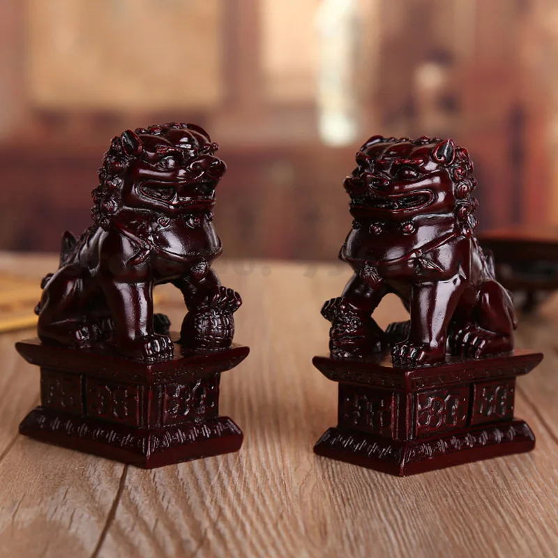 Pair-of-Red-Chinese-Fengshui-Lions-Resin-Foo-Dog-Guardian-Door-Statues ...