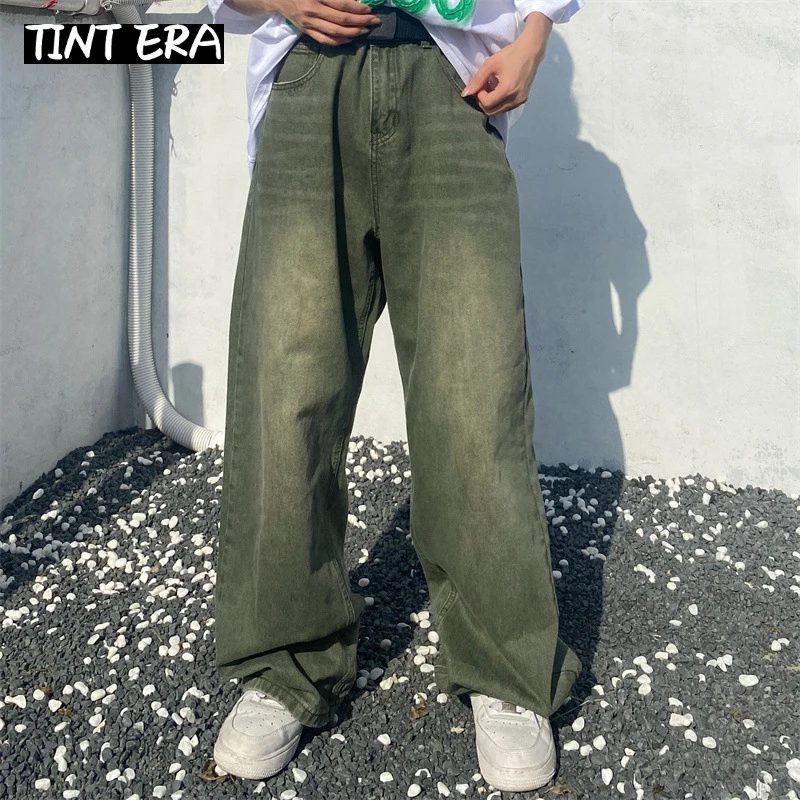 TINT ERA Green Jeans Baggy Distressed Vintage Denim Trousers Male Wide Leg Pants Men Streetwear ...