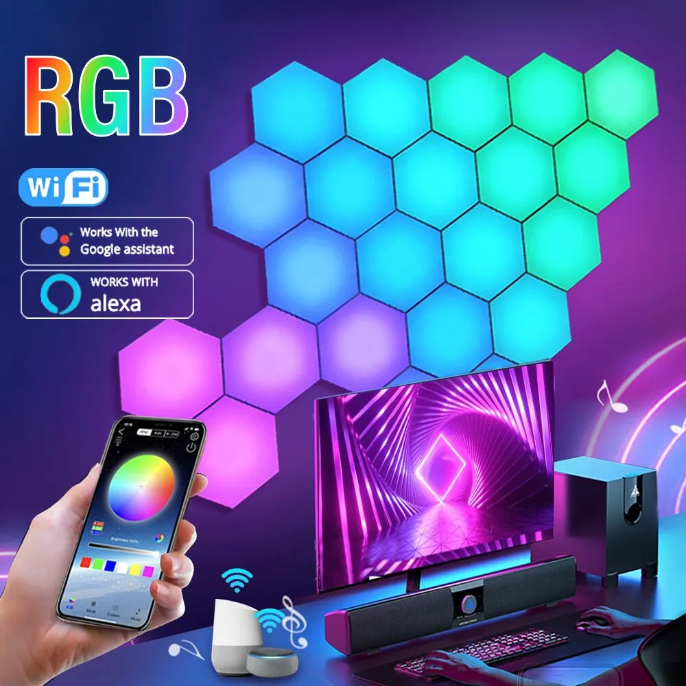 RGB-Intelligent-Hexagonal-Wall-Lamp-Color-changing-Ambient-Night-Light ...