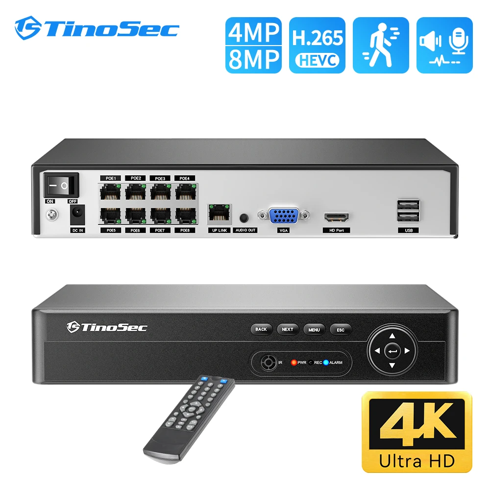 TinoSec 8CH 4K PoE NVR H.265 8MP 5MP 4MP Network Video Recorder For ...