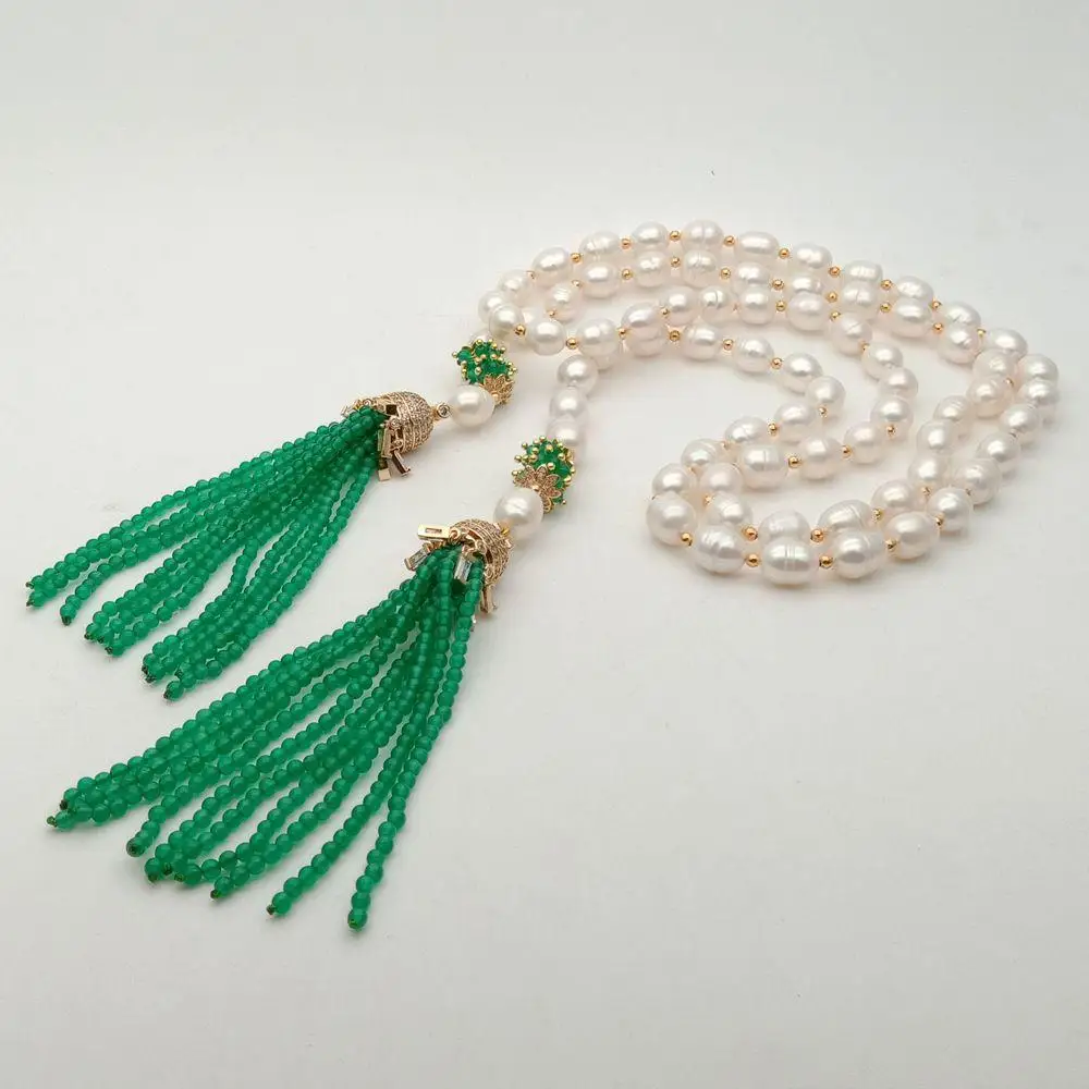 KKGEM 51'' 10x12mm Cultured White Rice Pearl 3MM Green Jade Tassel CZ ...