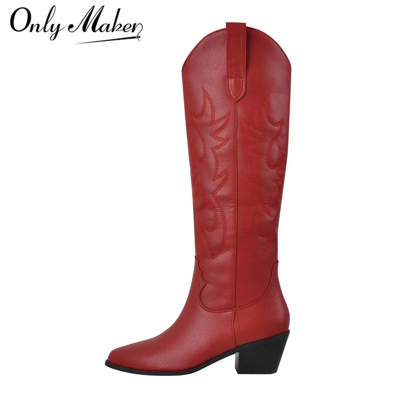 Onlymaker Women Pointed Toe Red Knee High Boots Western Cowboy Boots ...