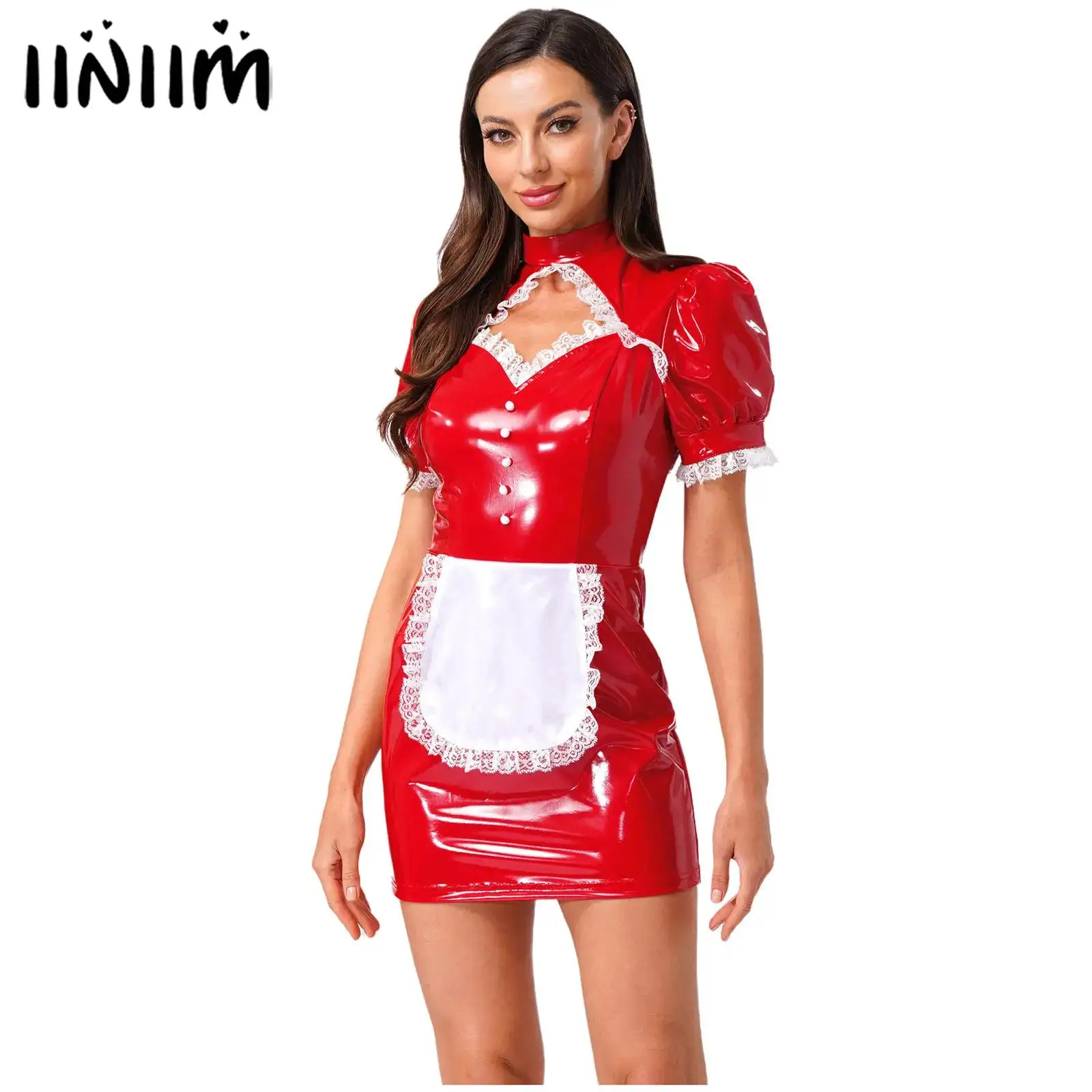 Womens PU Leather Latex Maid Cosplay Costume Hollow Out Lace Trim Apron ...