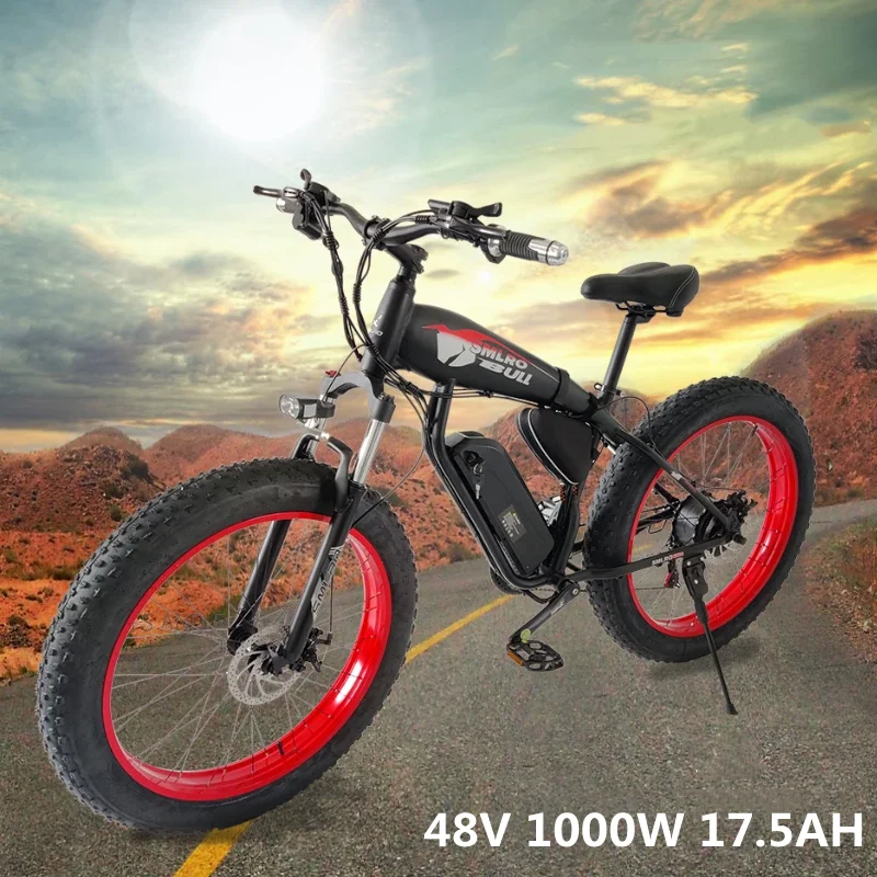 KEQJSK Red Fat Tire Electric Bike 1000W Shimano 21-Speed