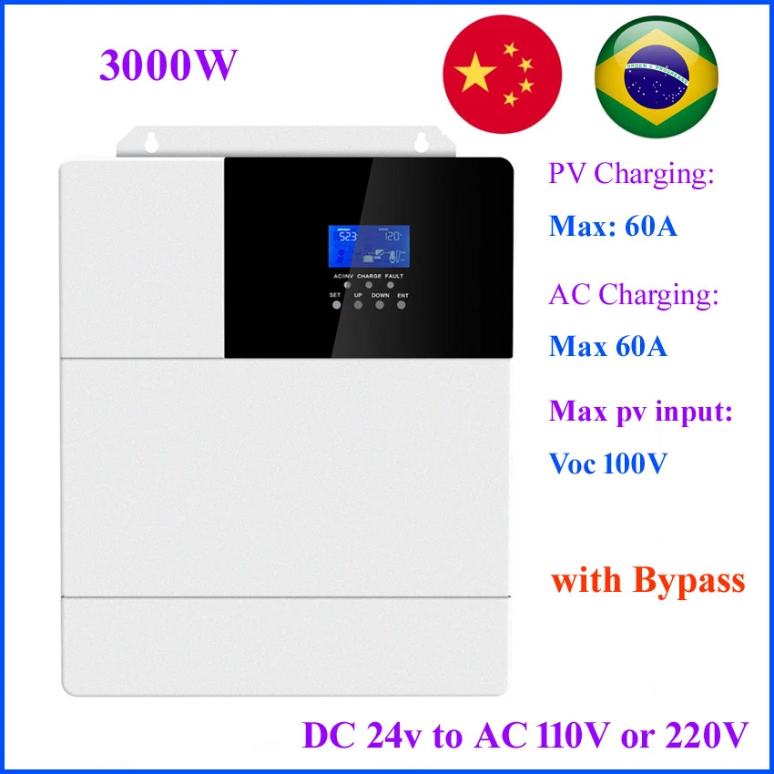 3000w Solar Inverter 3kw 24v 230vac110vac 50hz/60hz Pure Sine Wave 60a ...