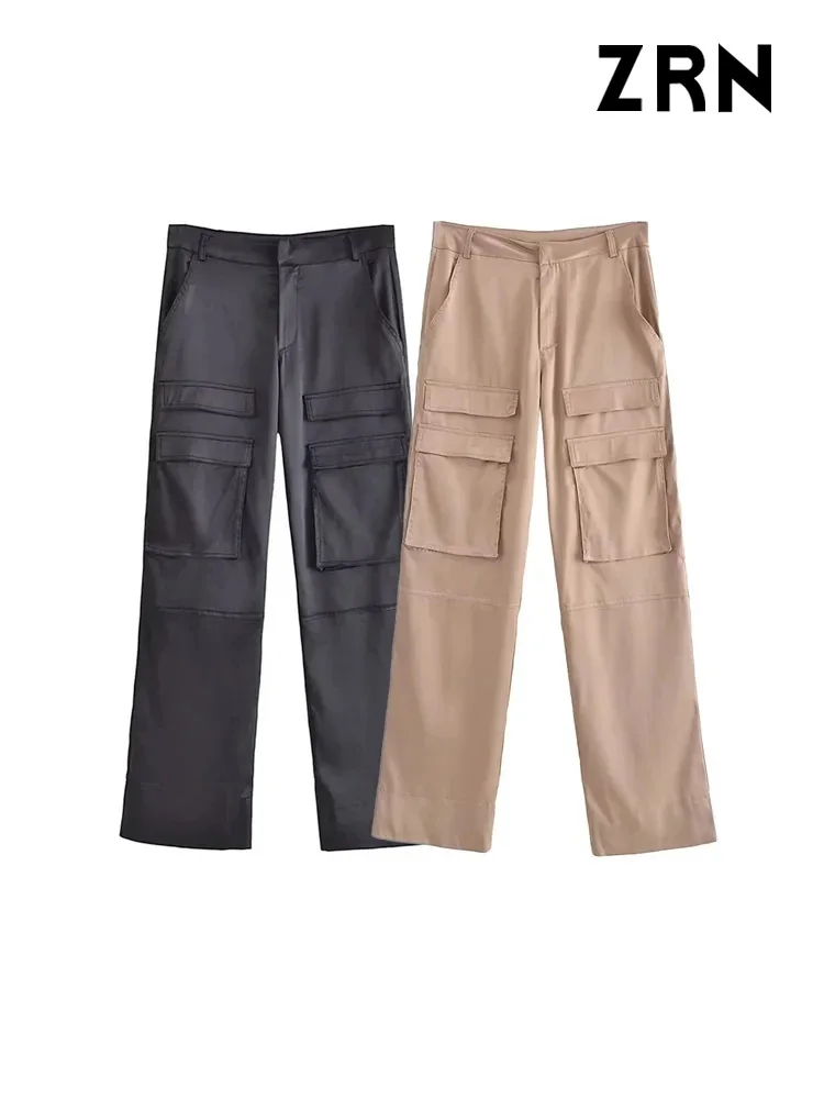 ZRN-Women-Fashion-With-Pockets-Satin-Cargo-Pants-Vintage-High-Waist-Zipper-Fly-Female-Trousers ...