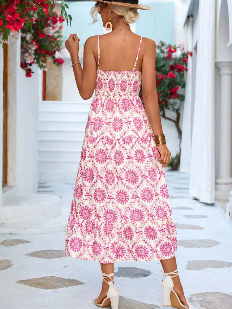 Women Bohemian Floral V Neck Flower Print Maxi Dress