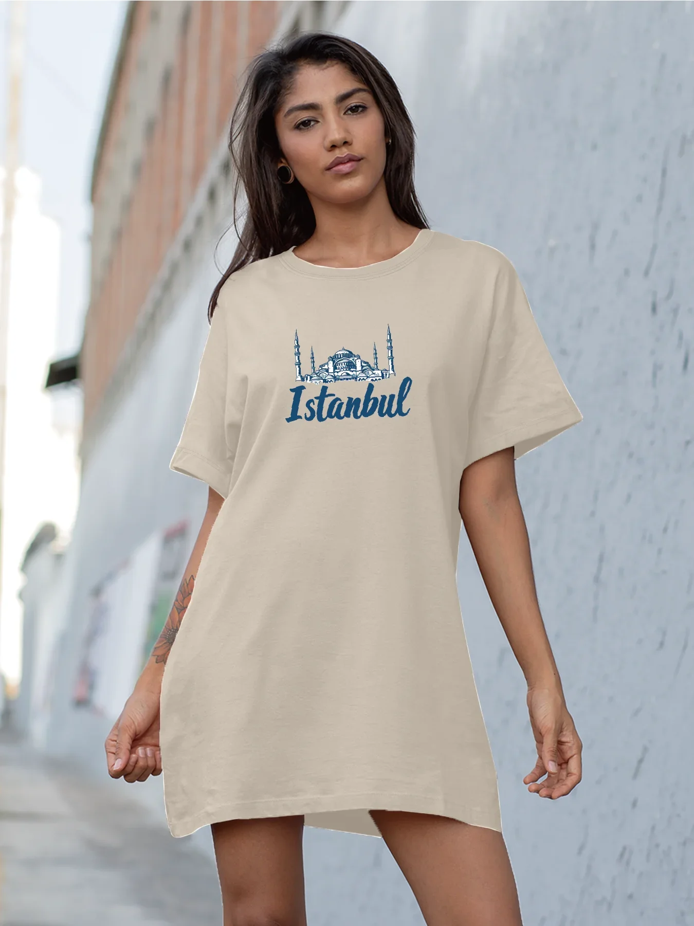 Istanbul-Skyline-With-Bold-Istanbul-Print-Crew-Neck-Tee-Dress-Casual ...