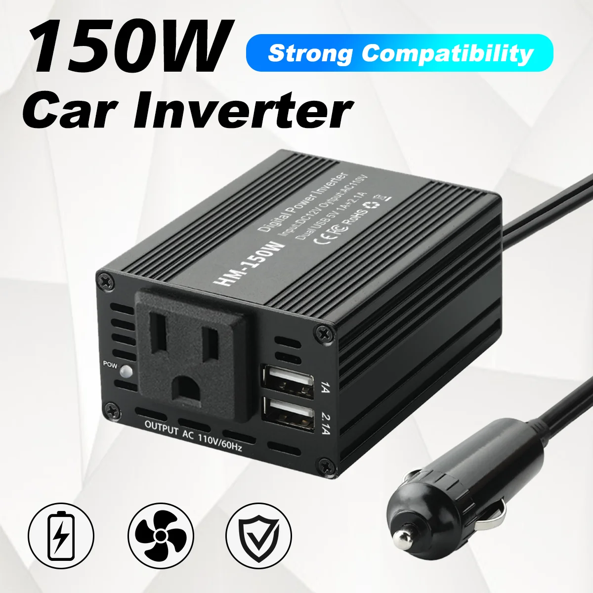 Car-Power-Inverter-150W-Pure-Sine-Wave-US-Socket-Output-110V-1A-2-1A ...