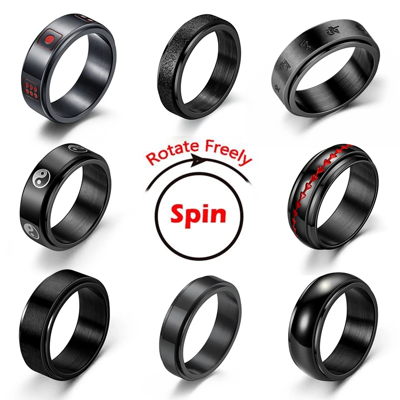 Anxiety Fidget Spinner Rings for Men Male Black Stainless Steel ...