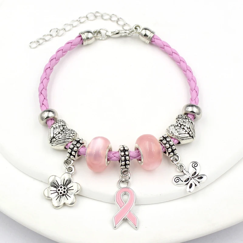 New-Arrival-Breast-Cancer-Pink-Ribbon-Bead-Charm-Bracelet-Pink-PU-Braid ...