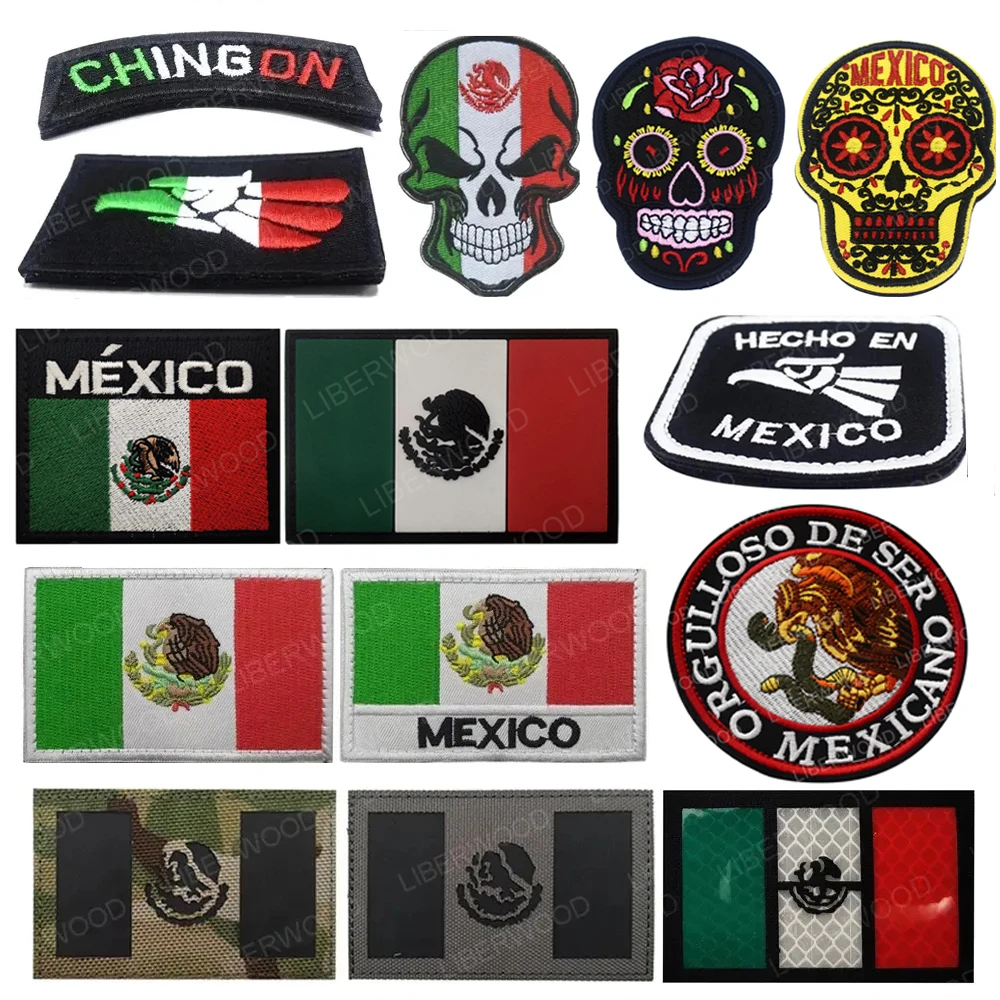 LIBERWOOD-Mexico-Flag-Skull-Embroidered-Patch-IR-Reflective-Mexican ...