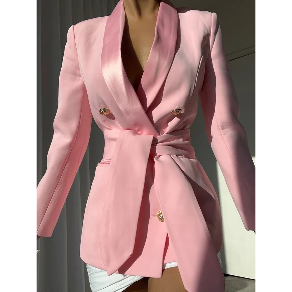 Elegant Pink Women's Blazer Double Breasted Shawl Lapel Slim Fit 1 ...