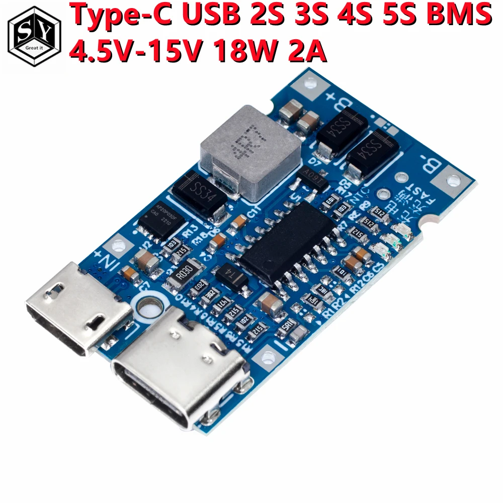C타입 USB 2S 3S 4S 5S BMS 리튬 배터리 충전 모듈, 온도 보호 기능 포함 QC 고속 충전 지원, 4.5V 15V ...