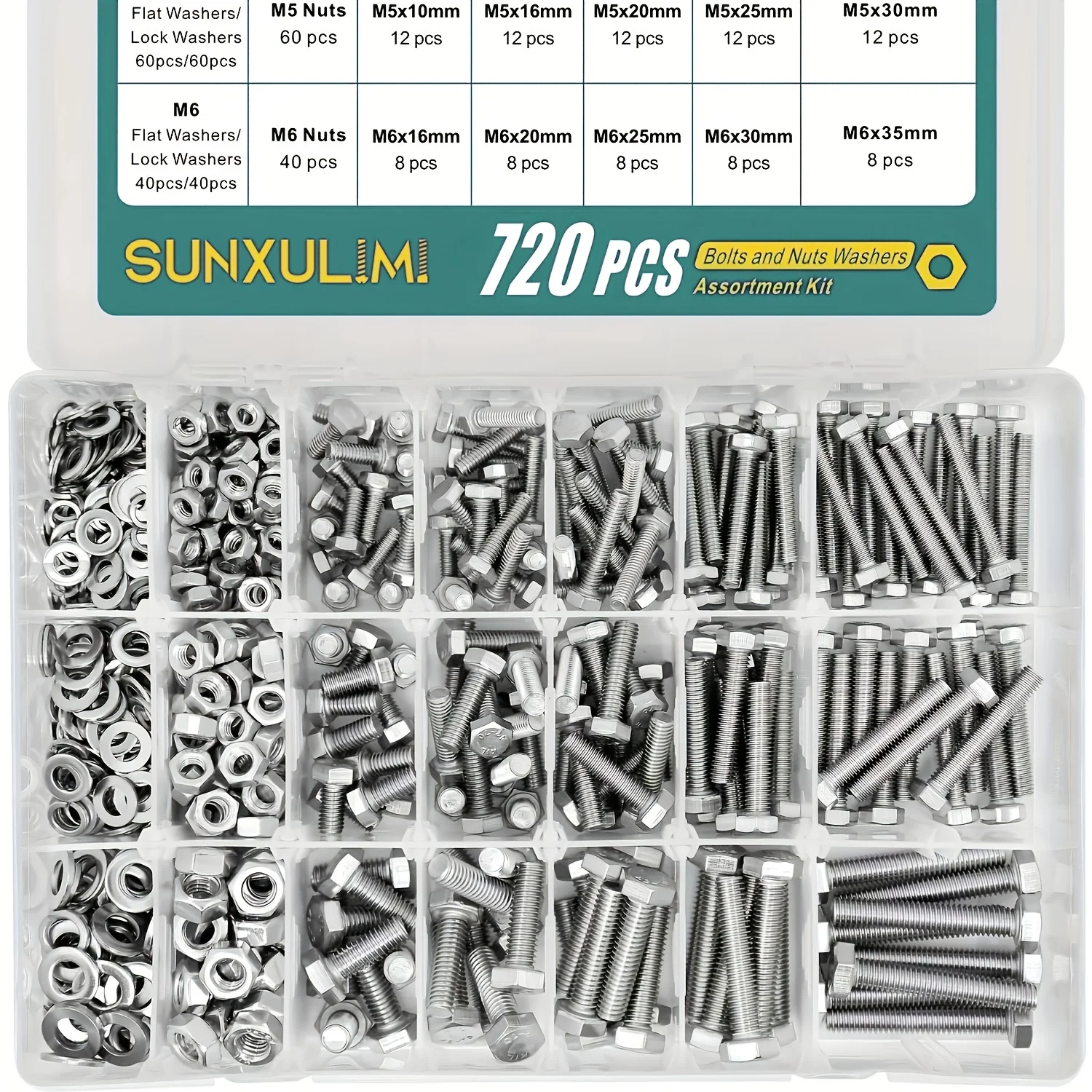 720PCS 1640PCS M4 M5 M6 볼트 및 너트 분류 키트 304 스테인레스 스틸(18-8) 육각 나사 너트 및 와셔 ...