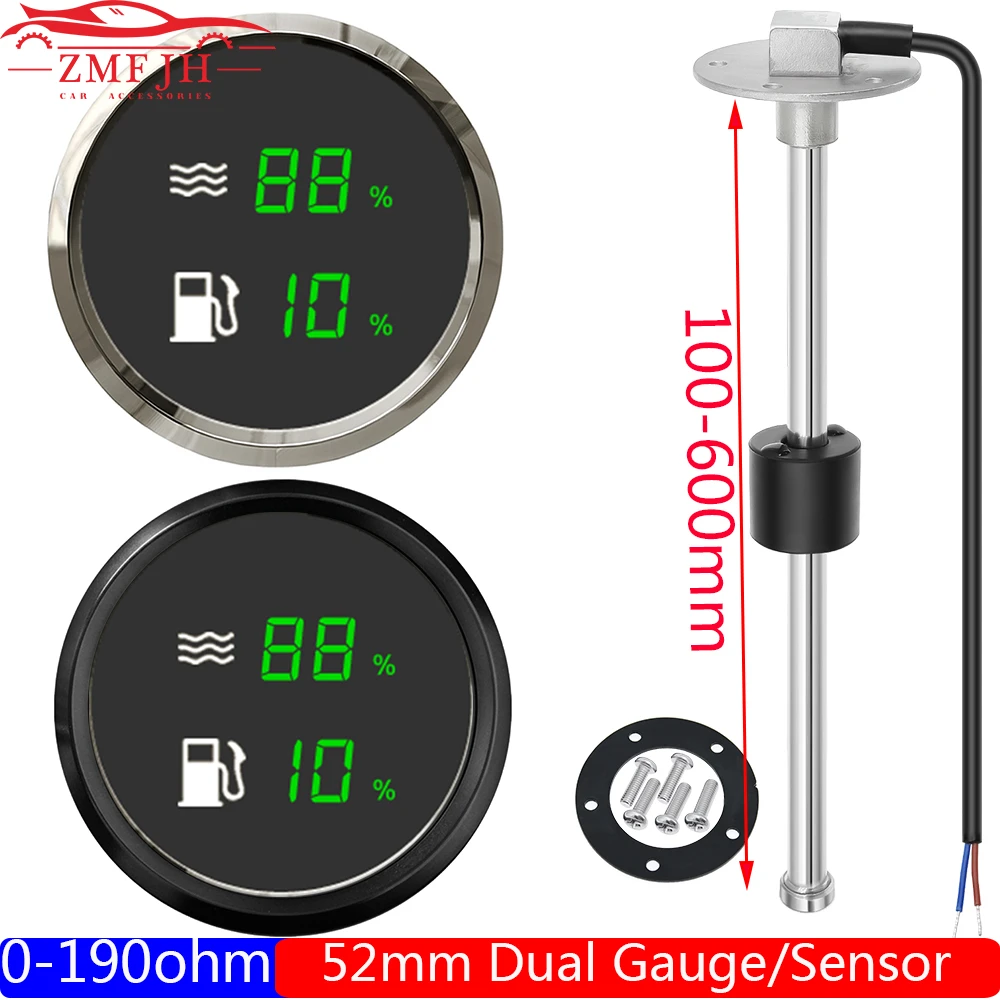 IP66 Waterproof Dual Gauge with Alarm Light 52mm Water Level+Fuel Level ...