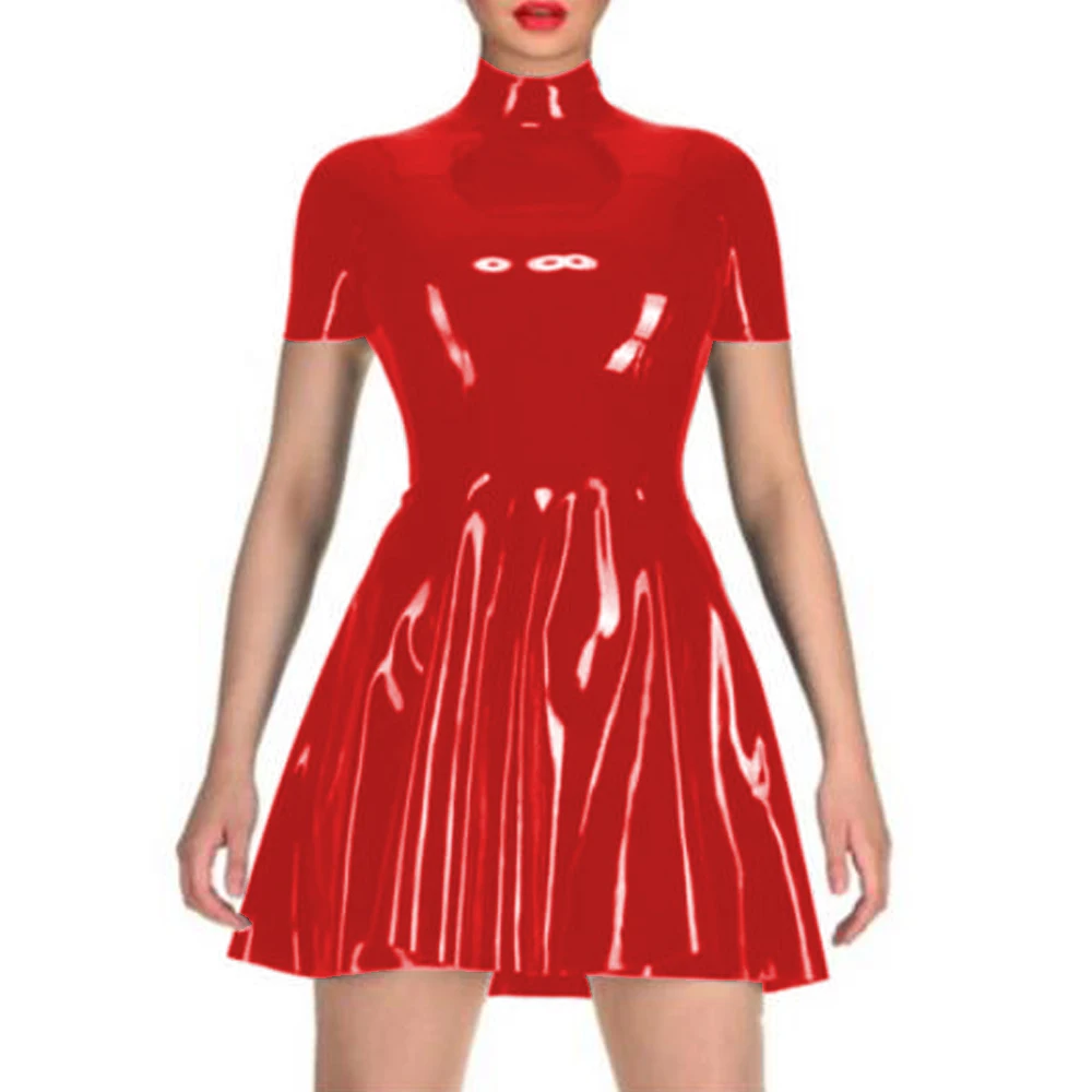 Women Sexy Pvc Latex Faux Leather Dress Turtleneck Long Sleeve A-line ...