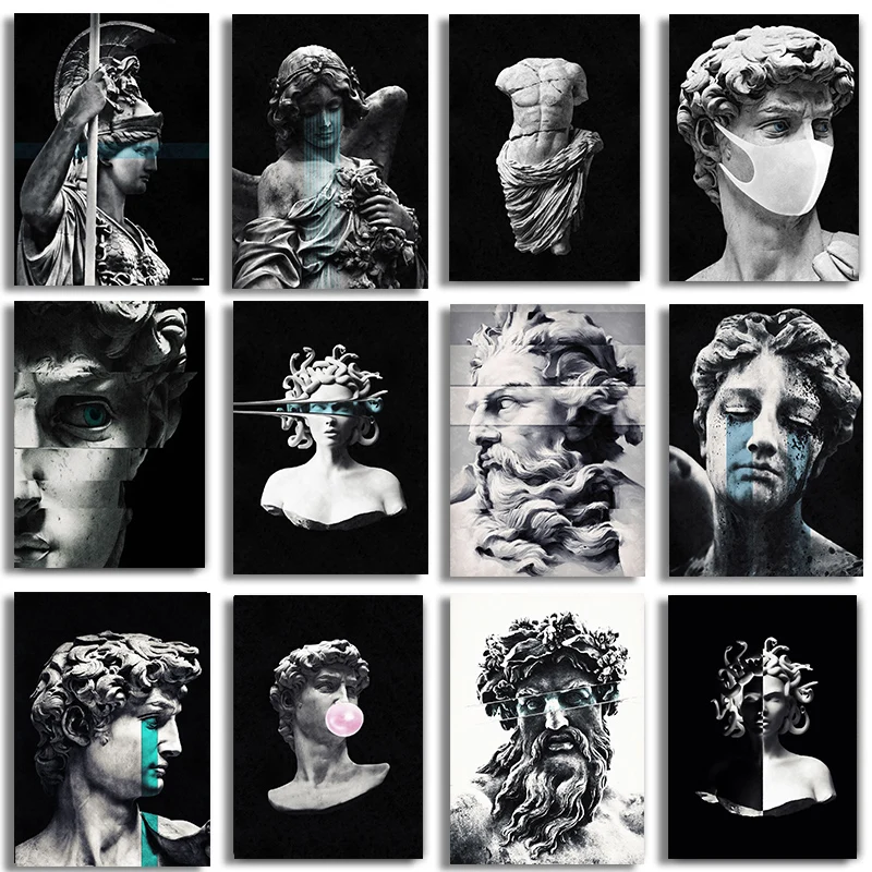 Black and White Medusa David Venus Caesar Sclputure and Lines Poster ...