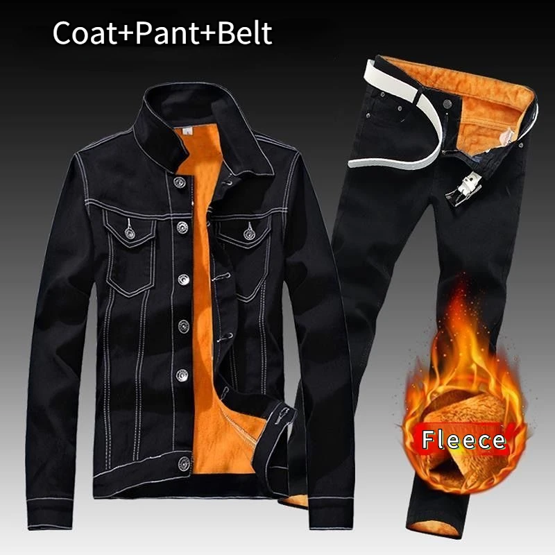 Autumn Winter Men's Jeans Sets Simple Blue Long Sleeve Fleece Jacket ...